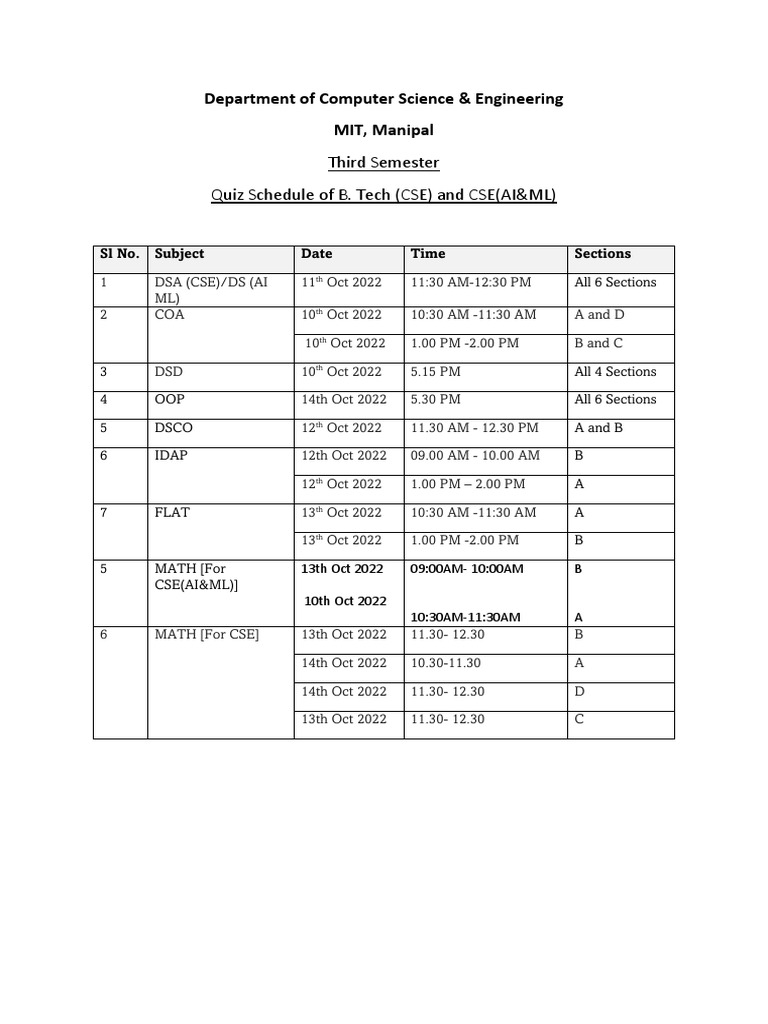 MIT Manipal CSE Third Semester Quiz Schedule | PDF