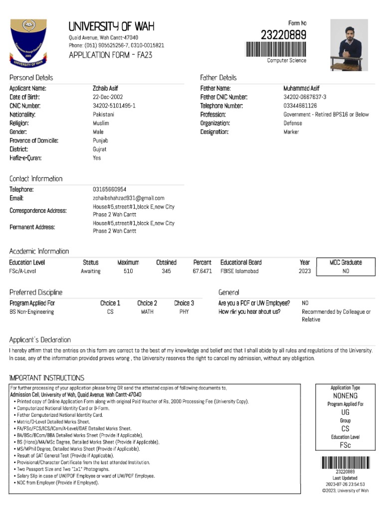 Application Form Uni of Wah | PDF