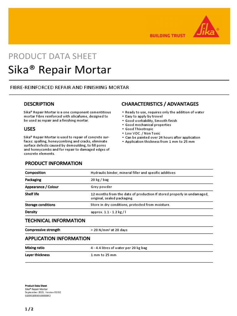 Sika Repair Mortar | PDF | Mortar (Masonry) | Concrete
