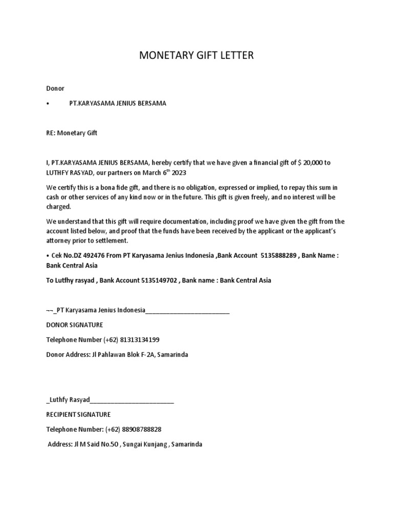 MONETARY GIFT LETTER | PDF