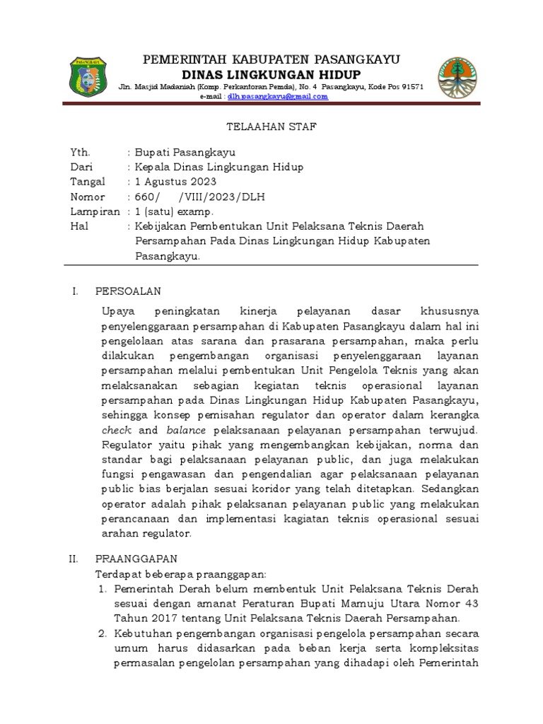 Telaah Staf Pembentukan Uptd Persampahan | PDF