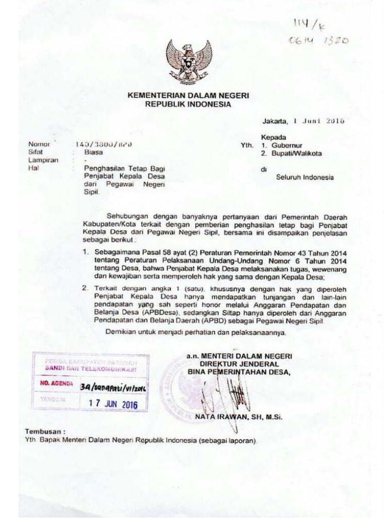 Surat Menteri Dalam Negeri Nomor 140 - 3800 - BPD | PDF