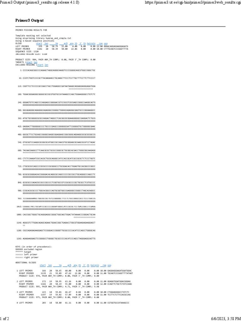 Primer3 Output (Primer3 - Resghults - Cgi Release 4.1.0) | PDF | Biotechnology | Genomics
