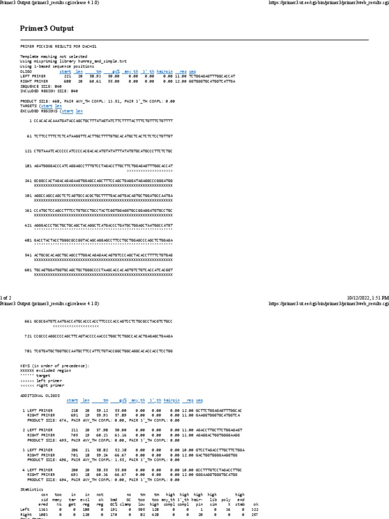 Primer3 Output: Start Len TM GC% Any - TH 3' - TH Hairpin Rep Seq | PDF