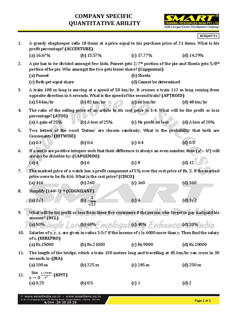 Quantitative Ability 200 Question | PDF