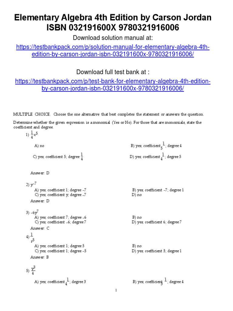 Elementary Algebra 4th Edition Sullivan Test Bank 1 | PDF