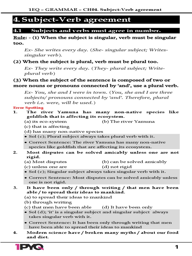 EG - 04 - Subject Verb Agreement - Eng - Topic 1 To 5 | PDF ...
