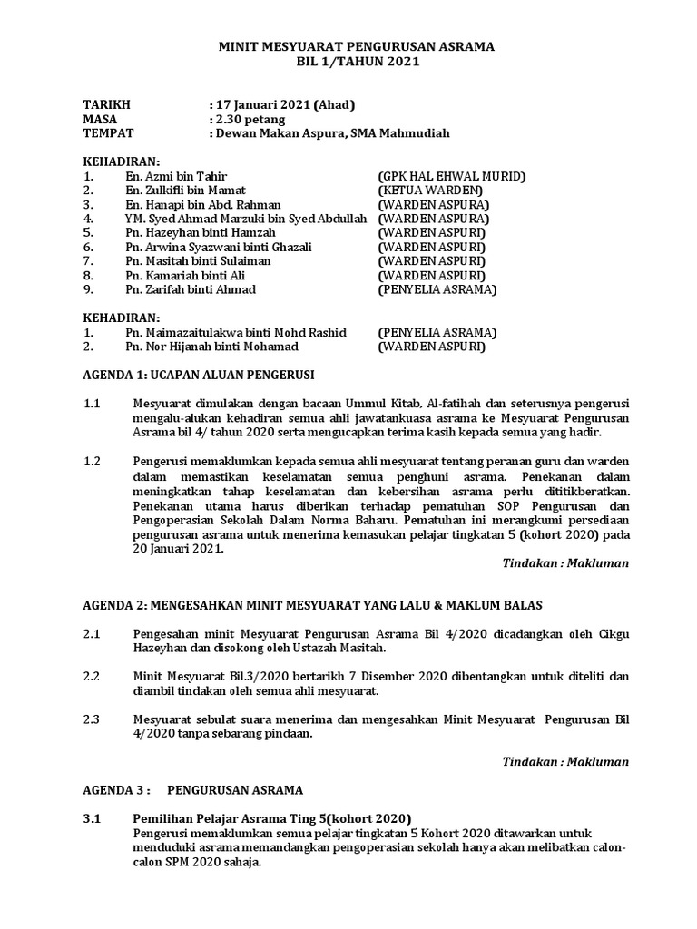 Minit Mesyuarat Asrama Bil.1 2021 | PDF