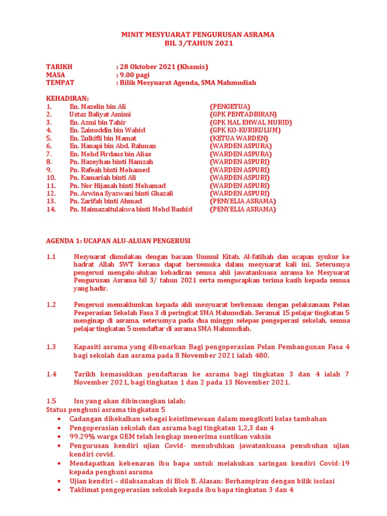 Minit Mesyuarat Asrama Bil.3 2021 | PDF