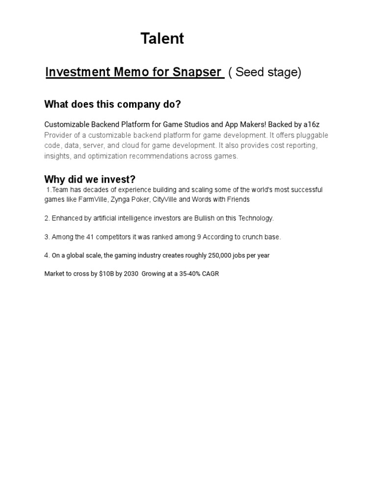 Investment Memorandom - TALENT | PDF