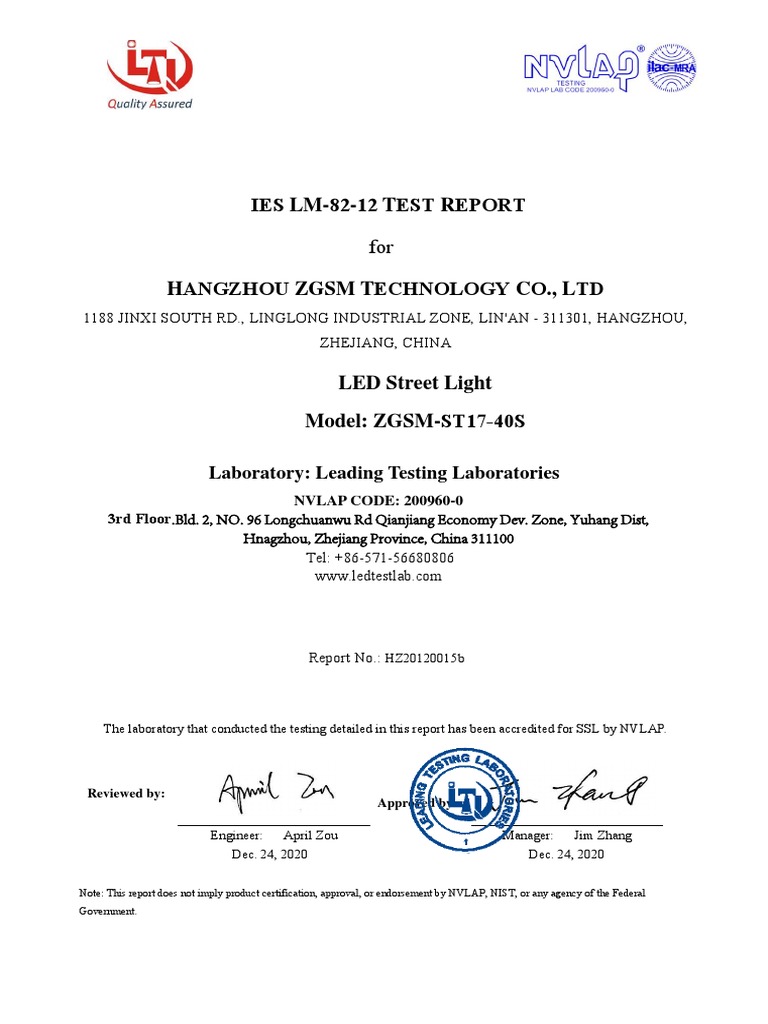 LED Street Light Test Results | PDF | Laboratories | Metrology
