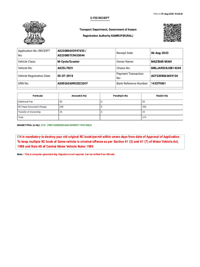 VAHAN 4.0 (Citizen Services) Onlineapp01 135 8013 | PDF | Receipt ...
