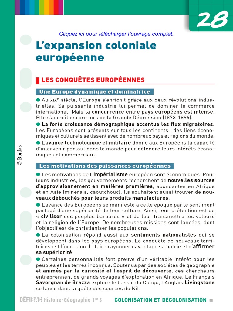 Fiche Defibac L Expansion Coloniale Europeenne | PDF