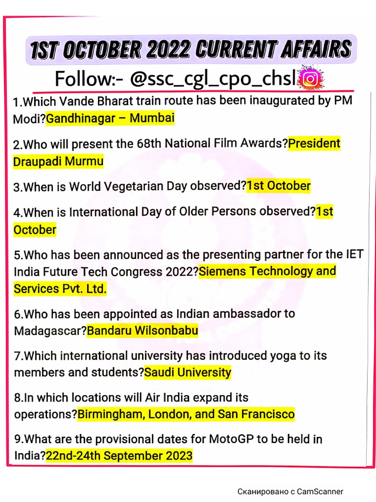 October, Current Affairs | PDF
