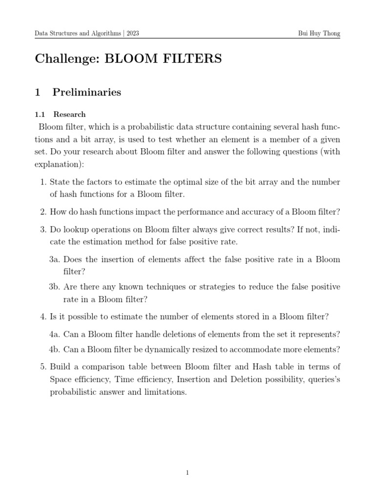 Challenge: BLOOM FILTERS: 1 Preliminaries | PDF