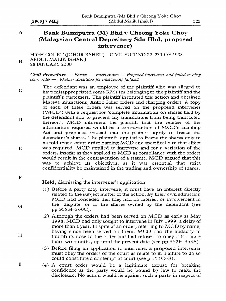 BANK BUMIPUTRA (M) BHD V CHEONG YOKE CHOY (MALAYSIAN CENTRAL DEPOSITORY SDN BHD, PROPOSED ...