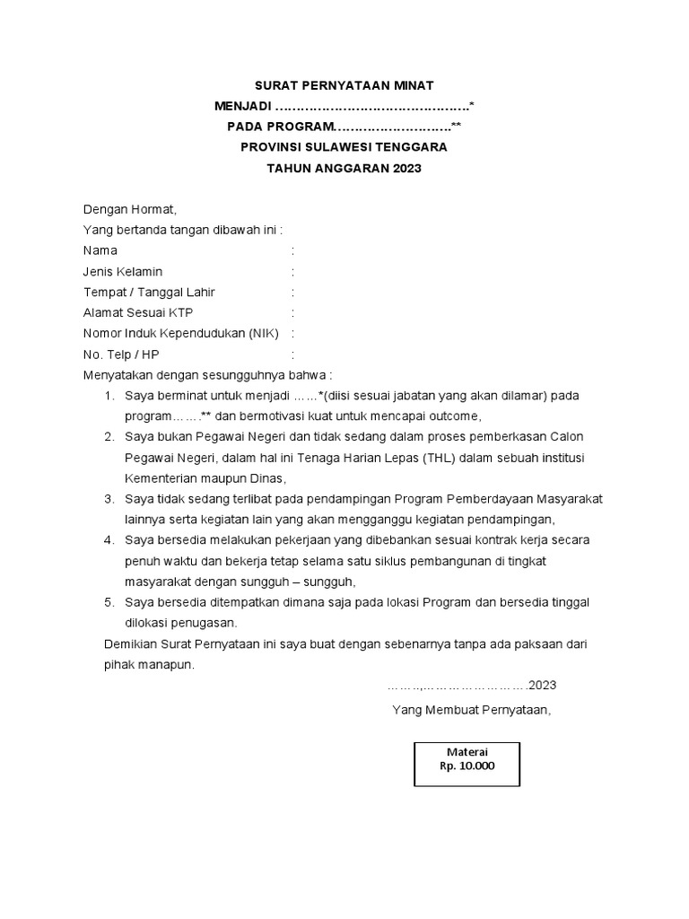 Surat Pernyataan Minat Program 2023 | PDF
