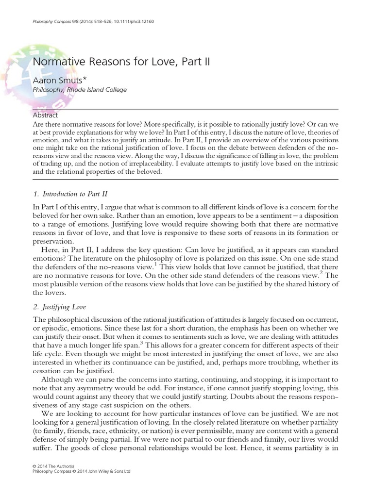 Aaron Smuts - Normative Reasons For Love - Part II - Philosophy Compass ...