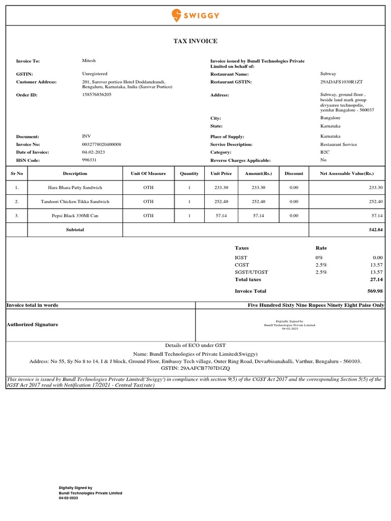 Swiggy 4 | Download Free PDF | Invoice | Taxes Swiggy 4 | Download Free PDF | Invoice | Taxes