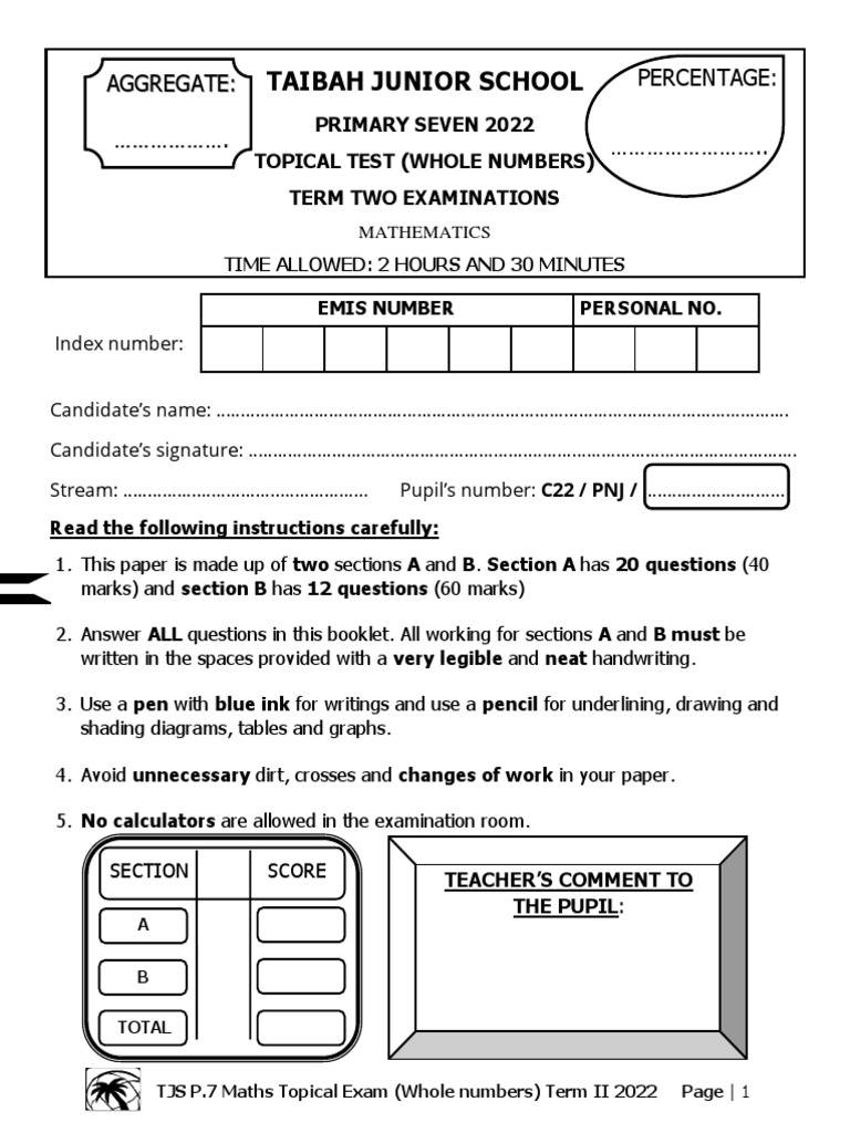P7 Maths Whole Numbers Exam 2022 | PDF