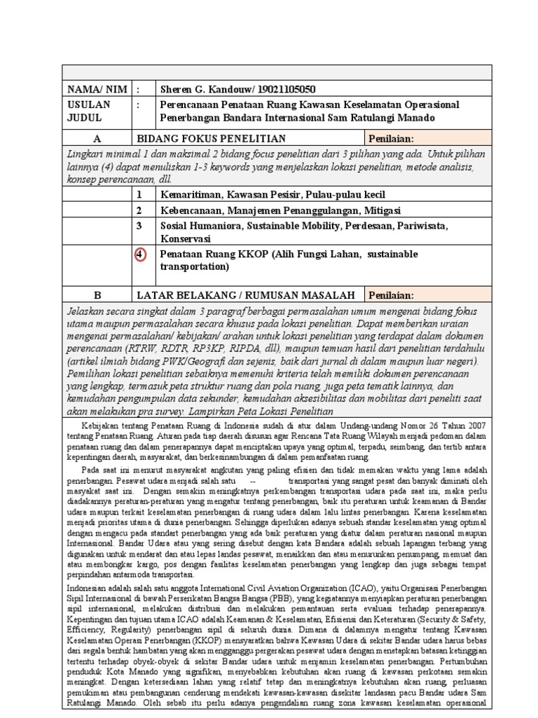 PENGAJUAN JUDUL SEMINAR PERENCANAAN - PWK SGANJIL 2022 2023 (Sheren Kandouw 19021105050) | PDF