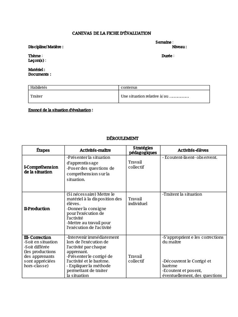 Canevas de La Fiche D'evaluation | PDF