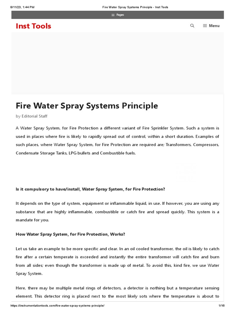 Fire Water Spray Systems Principle - Inst Tools | PDF