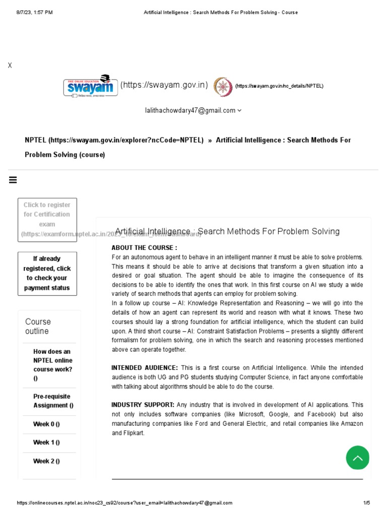 Artificial Intelligence - Search Methods For Problem Solving - Course | PDF