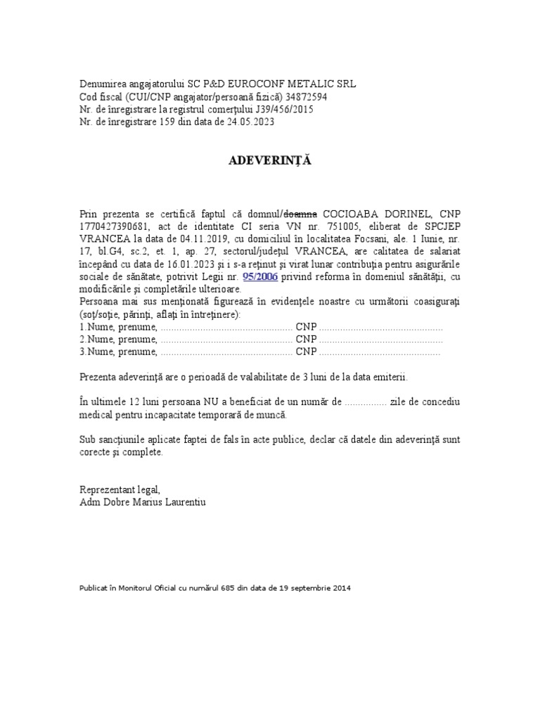 Adeverinta Salariat SPITAL | PDF