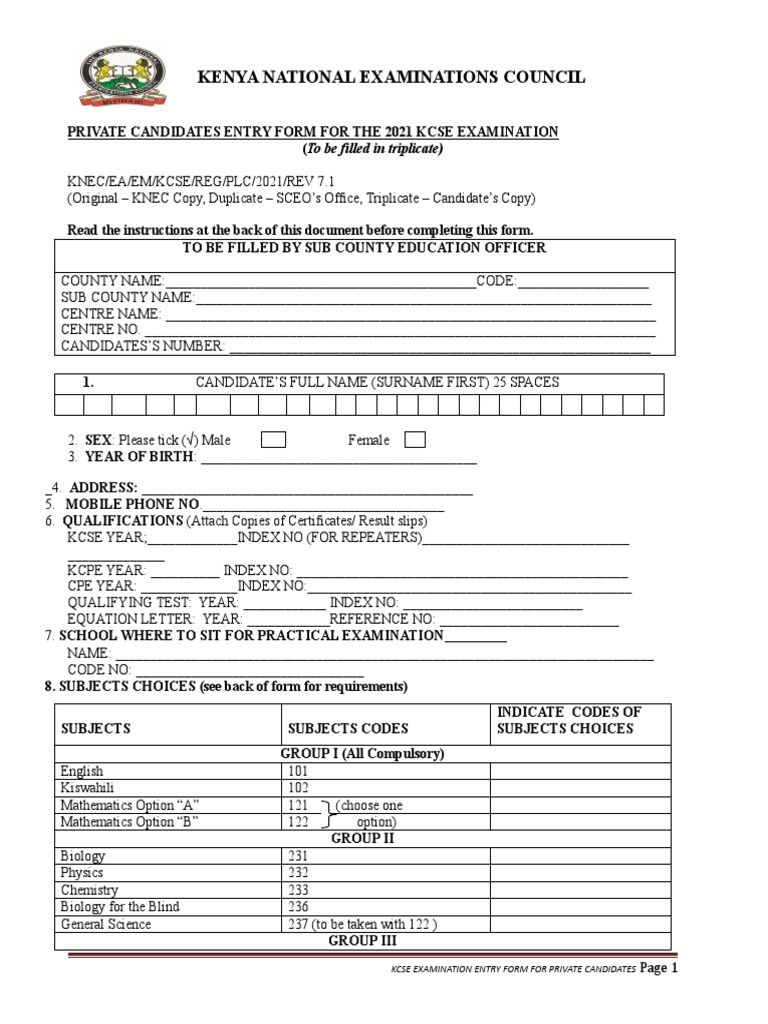 KCSE Private Candidate Form 2021 | PDF