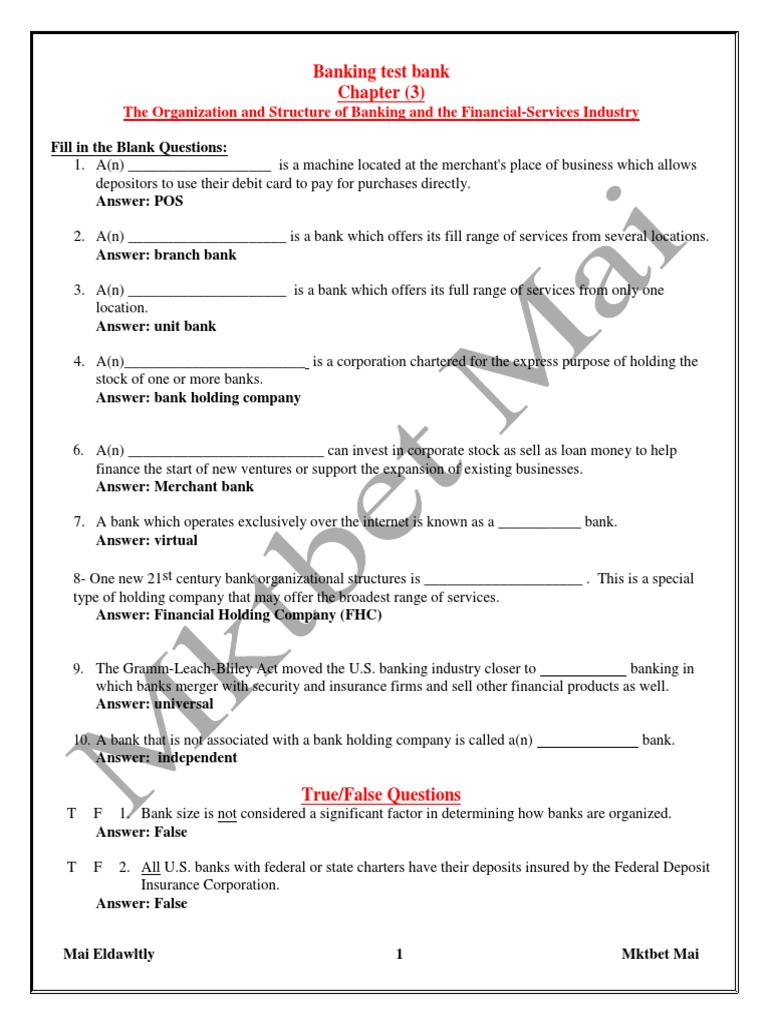 Banking Test Bank ch3 New - Water | PDF
