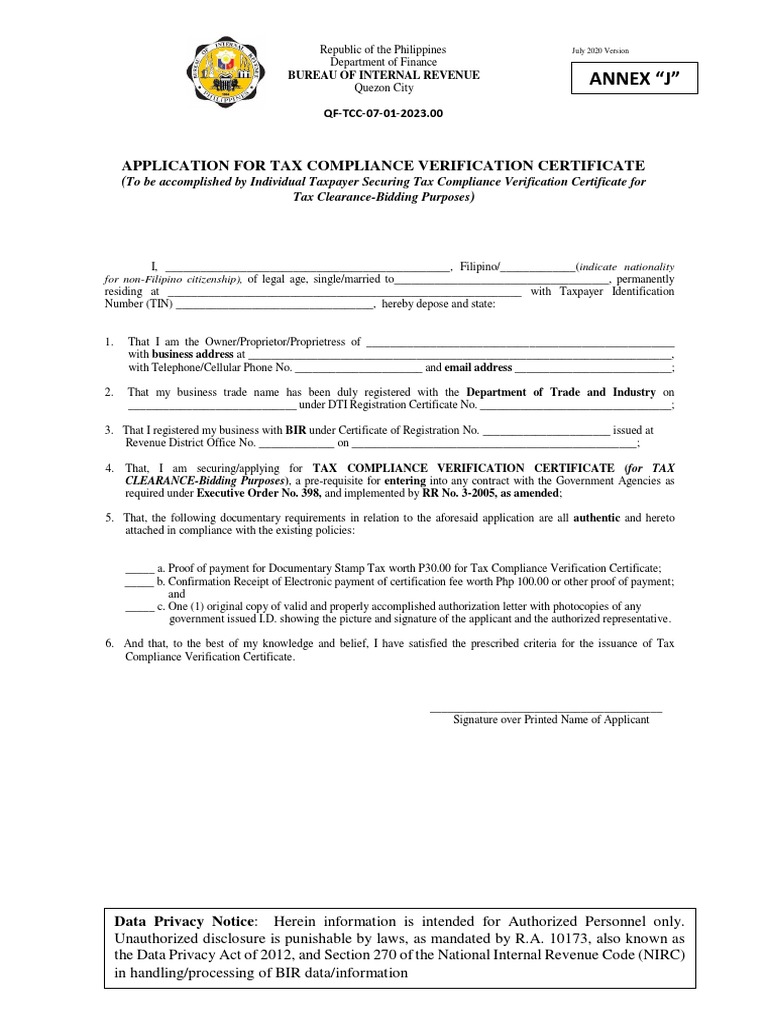 BIR Tax Clearance FORM - Individual as of 2023 | PDF