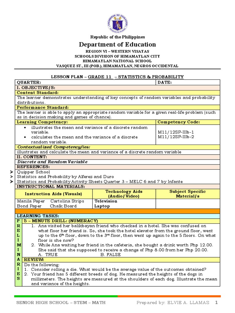 Day 5 - Illustrate and Calculate Mean and Variance of A Discrete RV | PDF