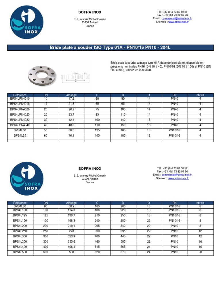 fiche-bride-plate-a-souder-iso-type-01a-pn1016-pn10-304l-SOFRA | PDF