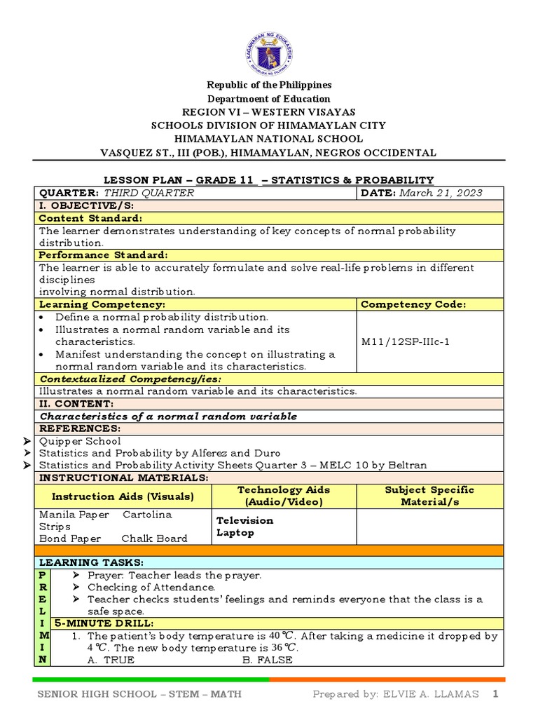 Grade 11 Statistics Lesson Plan | PDF