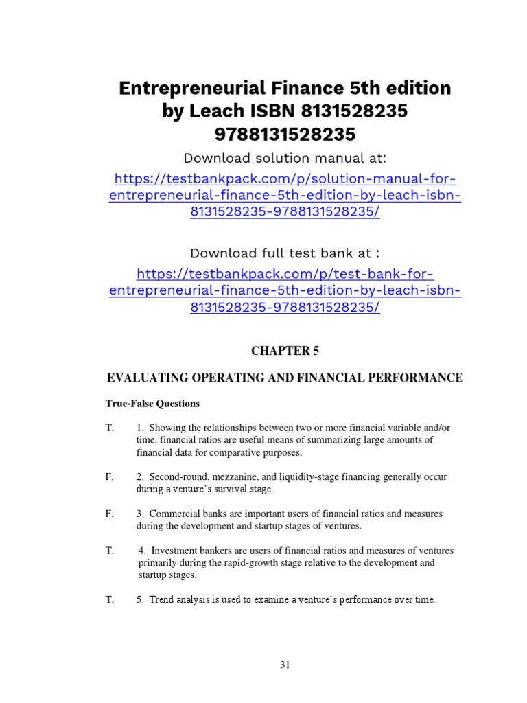 Entrepreneurial Finance 5th Edition Leach Test Bank 1 | PDF