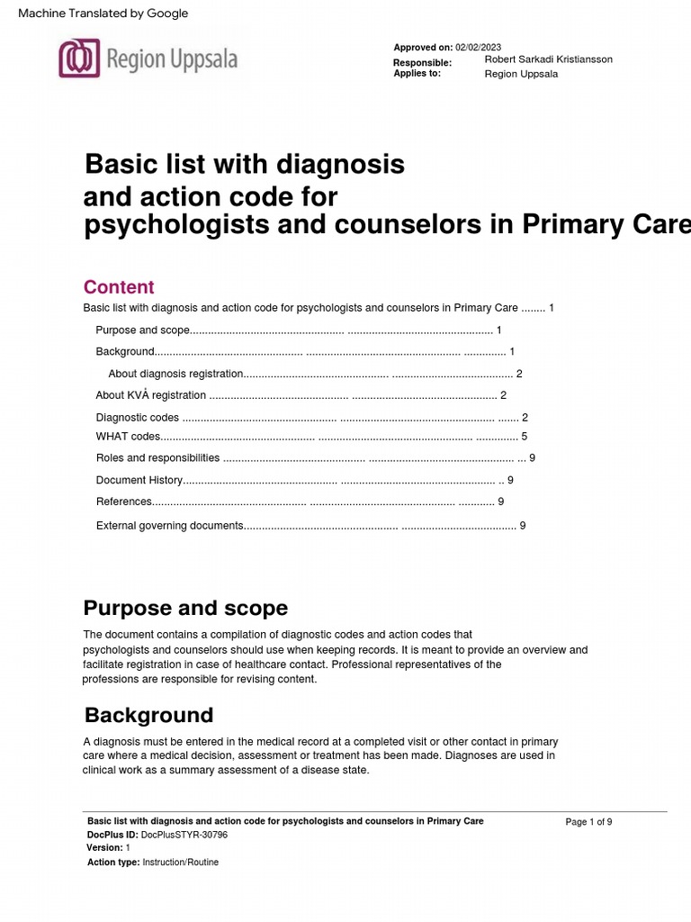 Basic list with diagnosis and action code for psychologists and ...