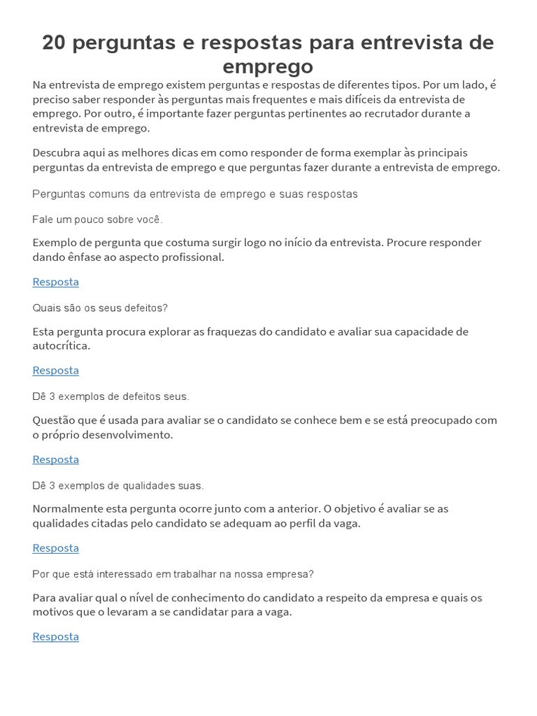 20 Perguntas e Respostas para Entrevista de Emprego | PDF | Carreira e ...