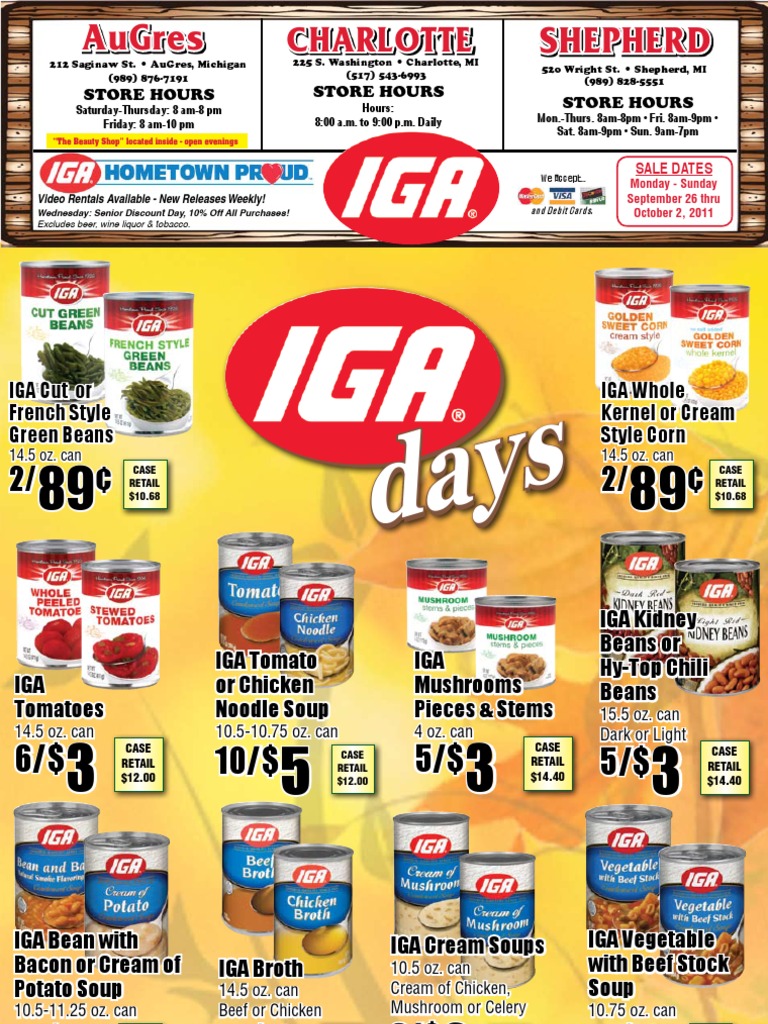 Charlotte: IGA Cut or French Style Green Beans IGA Whole Kernel or ...