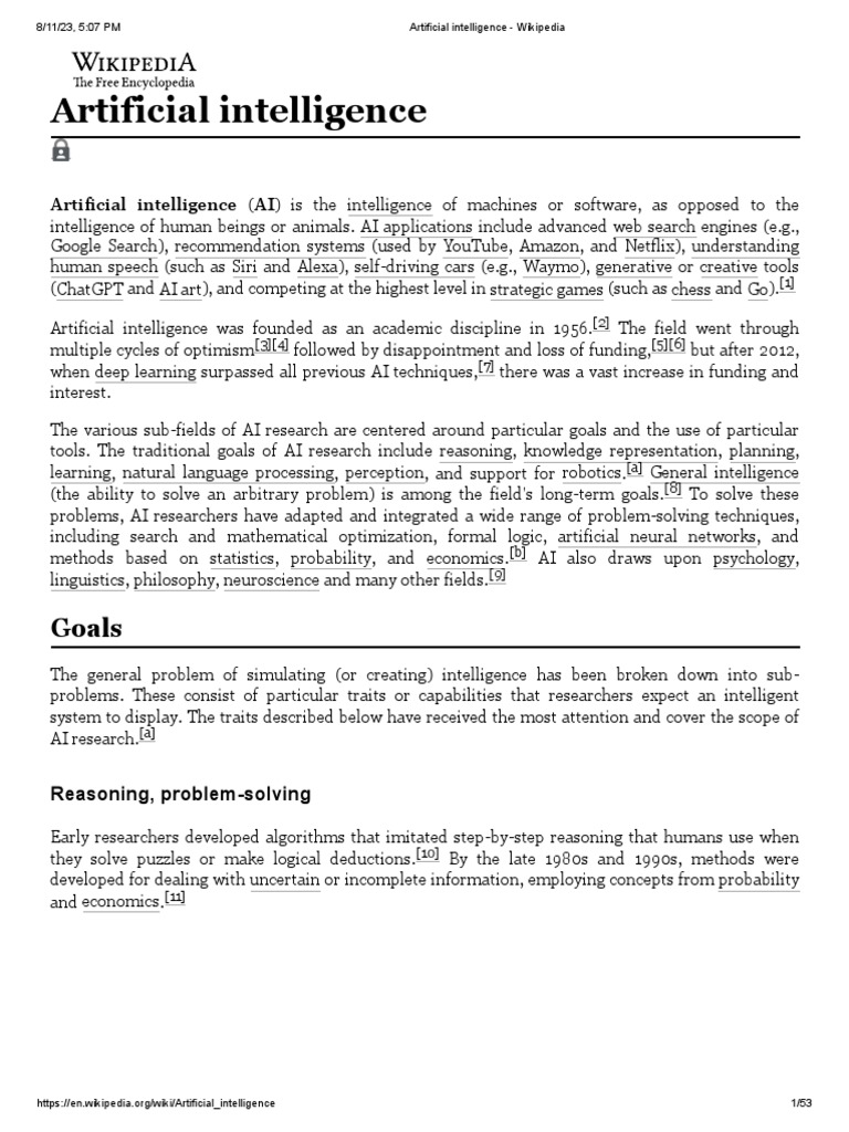 Artificial Intelligence - Wikipedia | PDF | Artificial Intelligence | Intelligence (AI) & Semantics