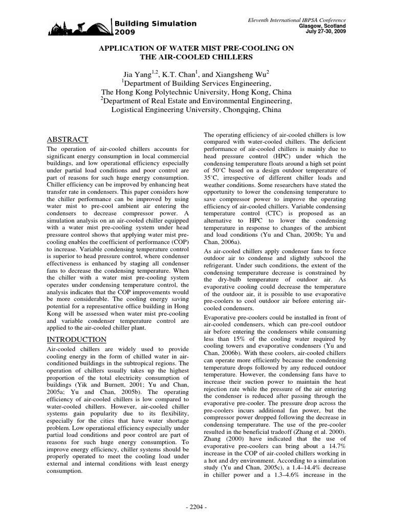 IBPSA - Application of Water Mist Pre-Cooling On Air-Cooled Chillers | PDF