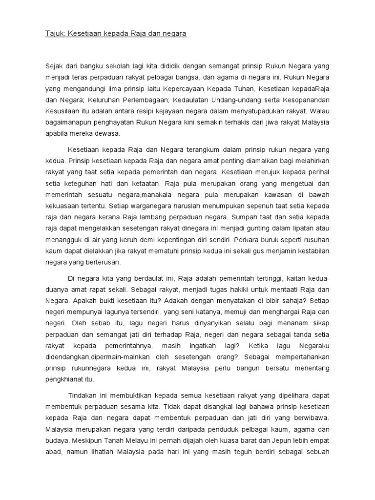 Kesetiaan Kepada Raja Dan Negara Esei Pertandingan | PDF