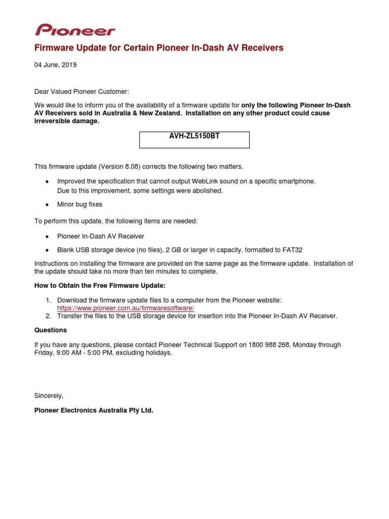 AV-Receiver Update Letter AVHZL5150BT | PDF