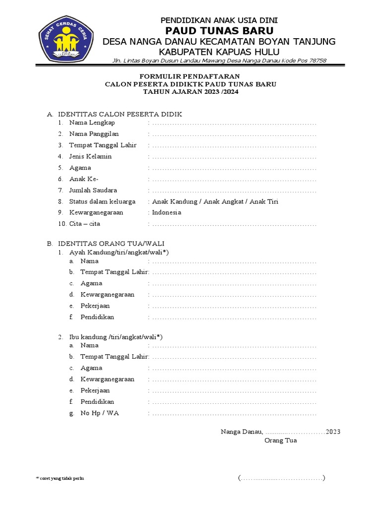 A.3.1 Formulir Pendaftaran Paud TK KB | PDF