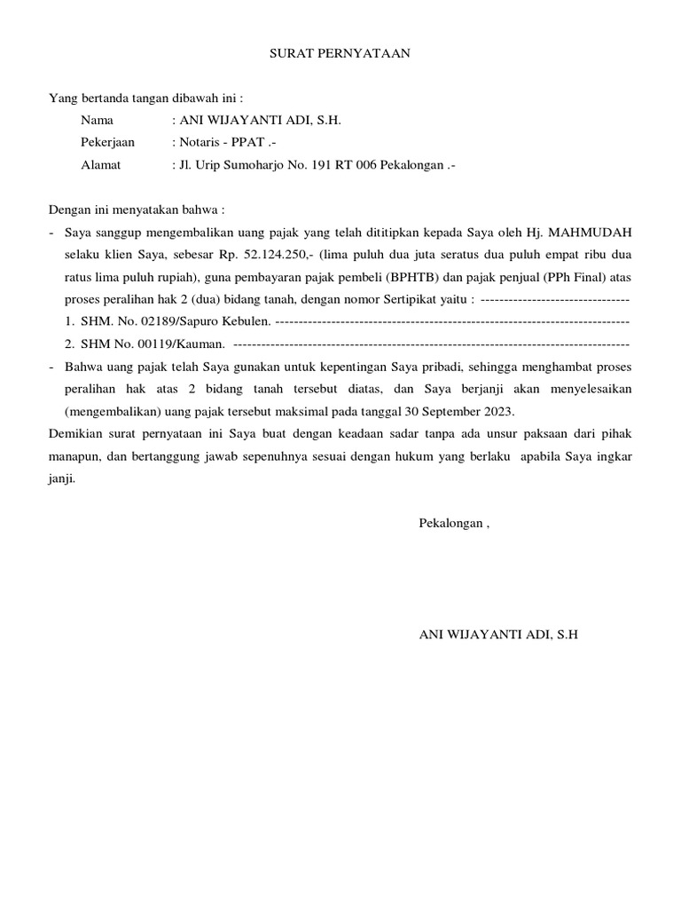 SURAT PERNYATAAN Bu Mahmudah | PDF