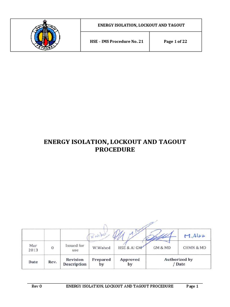 021 - Energy Isolation, Lockout and Tagout Procedure | PDF | Technology ...
