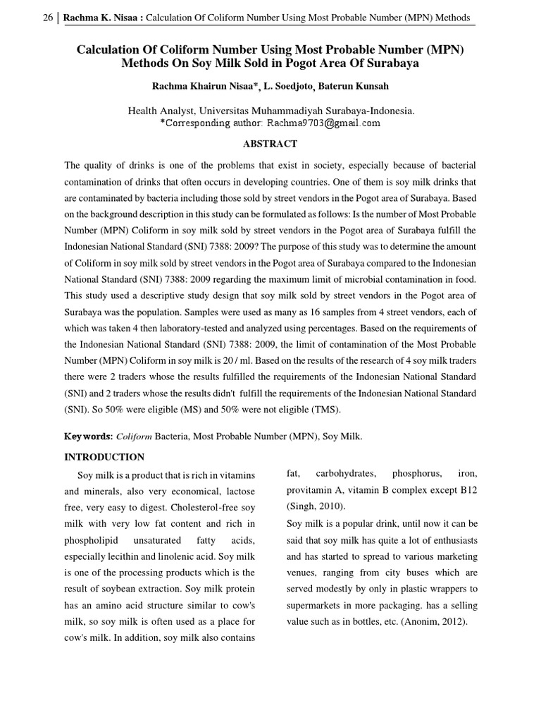Calculation of Coliform Number Using Most Probable Number (MPN) Methods ...