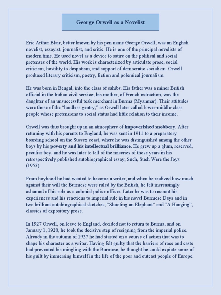 George Orwell As A Novelist | PDF | George Orwell