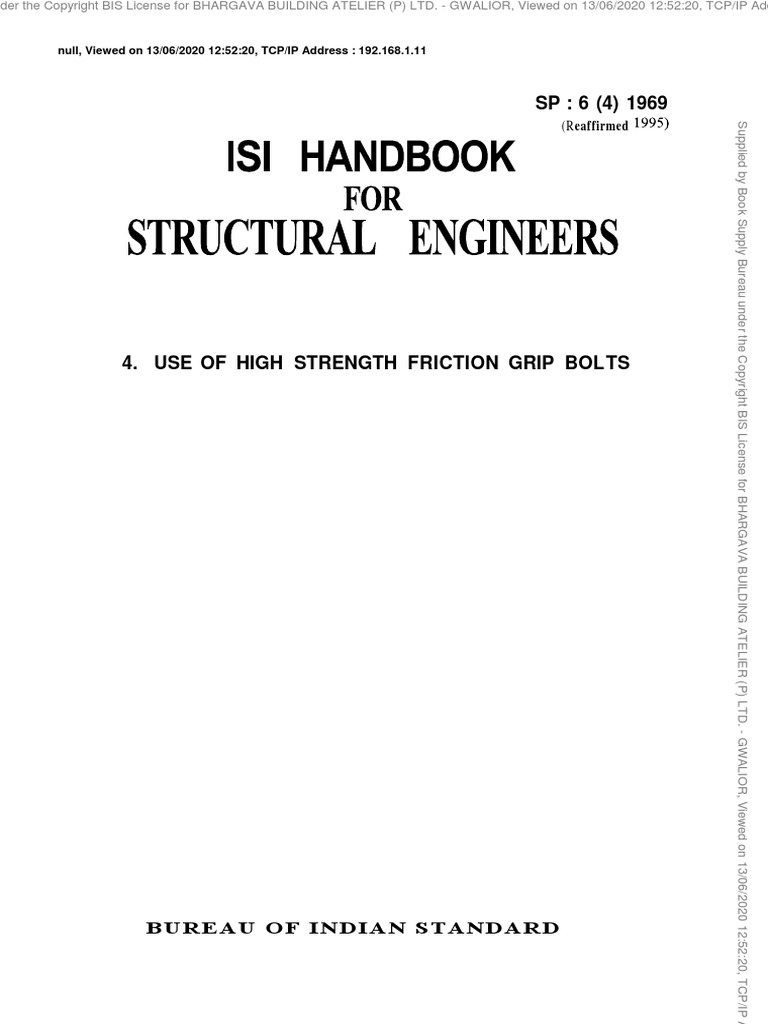 SP 6 Part 4 1969 ISI Handbook For Structural Engineers 4. Use of High Strength Friction Grip ...