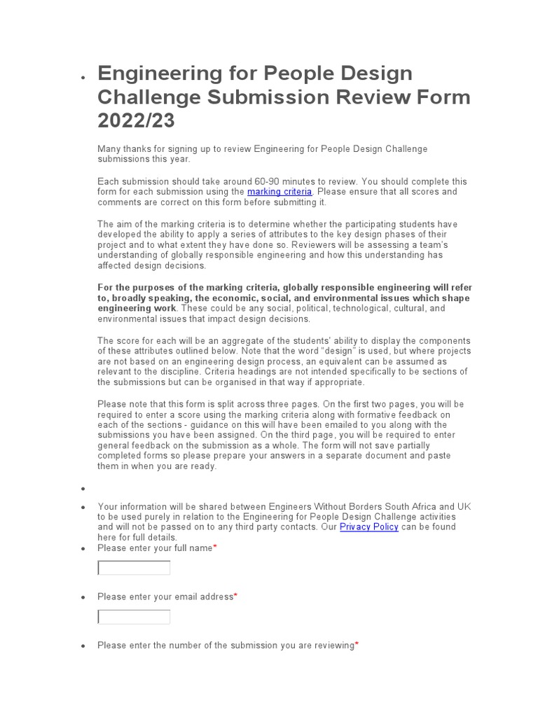 Engineering For People Design Challenge Submission Review Form 2022 | PDF
